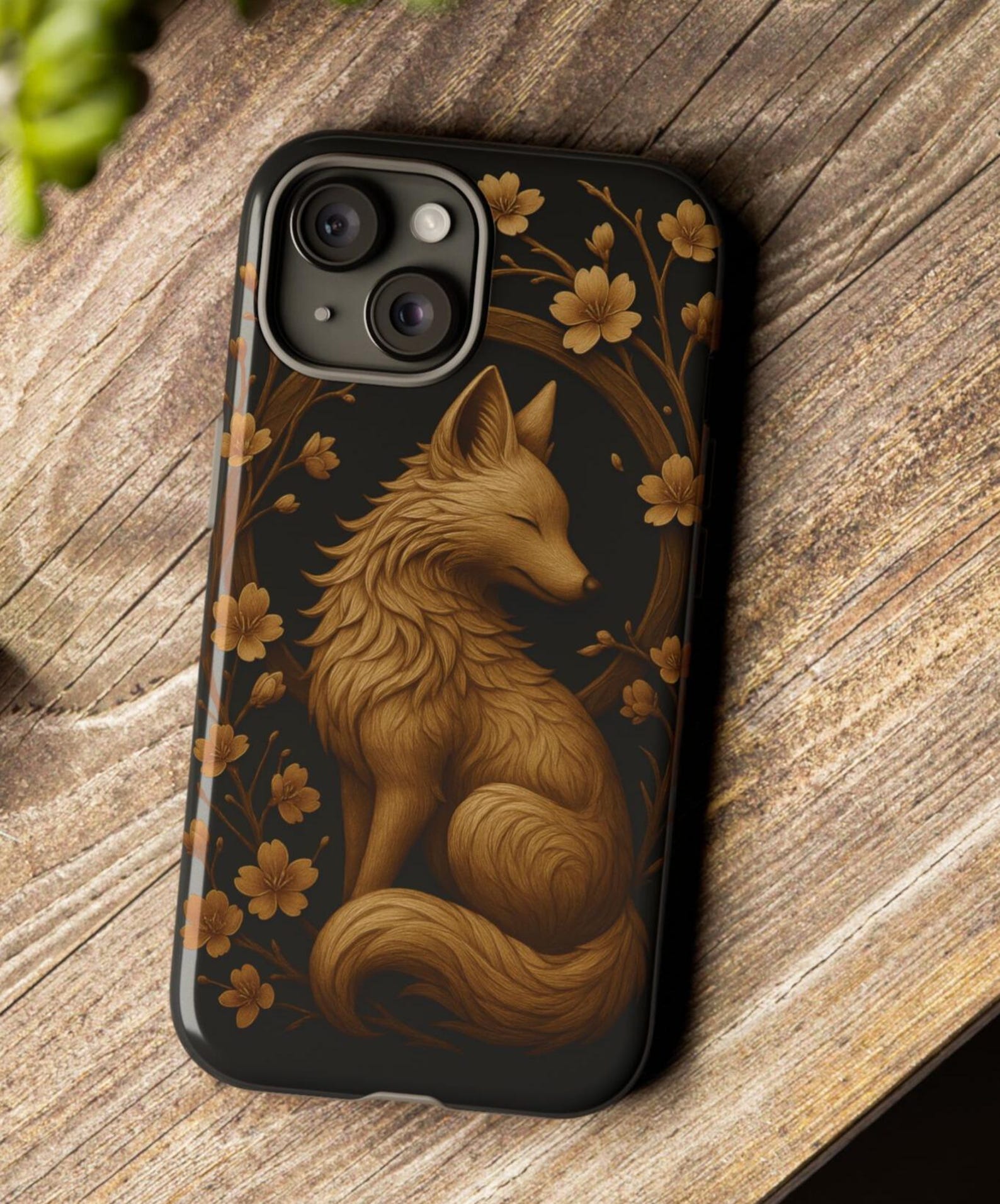 Japanese Fox Phone Case - Gold Floral Tough Case, Kitsune Artwork ...
