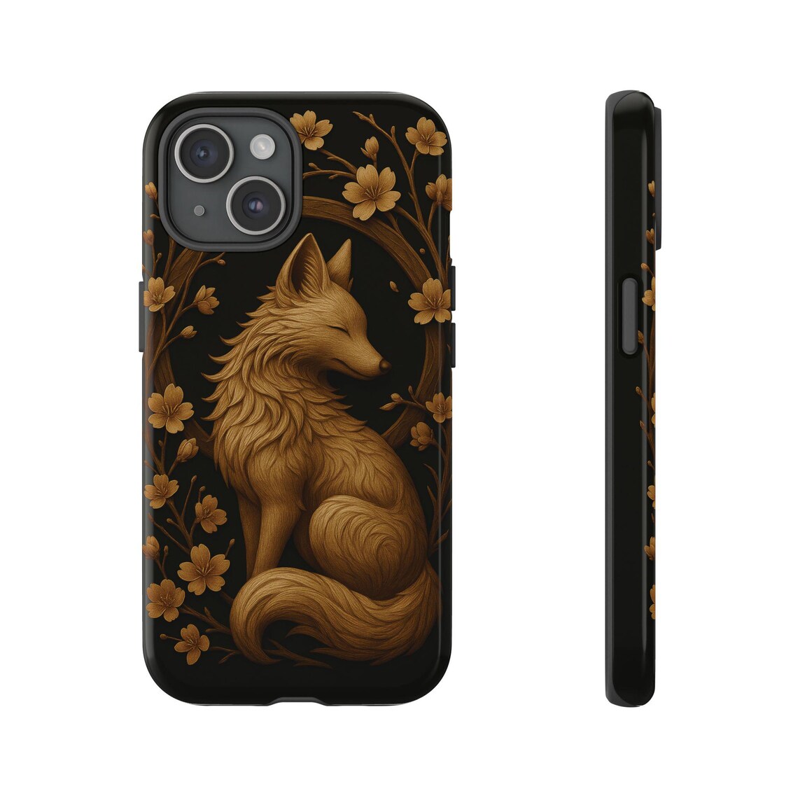 Japanese Fox Phone Case - Gold Floral Tough Case, Kitsune Artwork ...