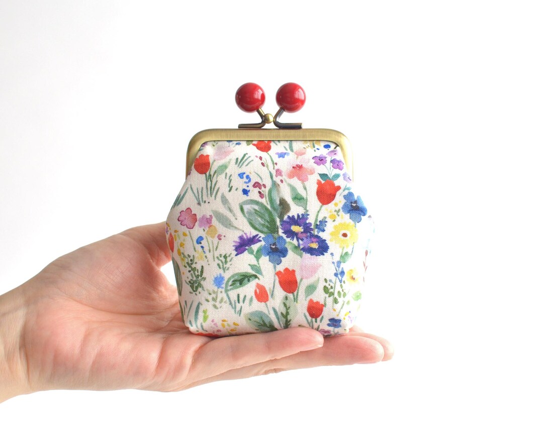 Kiss Lock Pouch With Red Resin Balls, Spring Garden, Tulips, Multi ...
