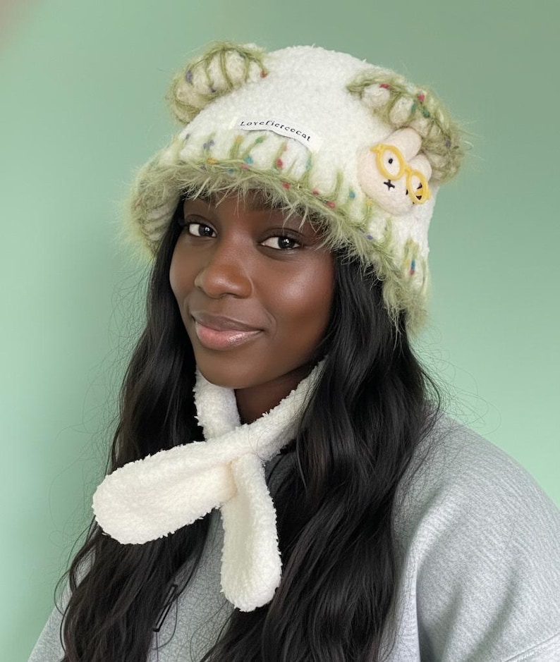 Handmade Fuzzy Bunny Ear Winter Hat, Crochet Plush Beanie With Faux Fur ...