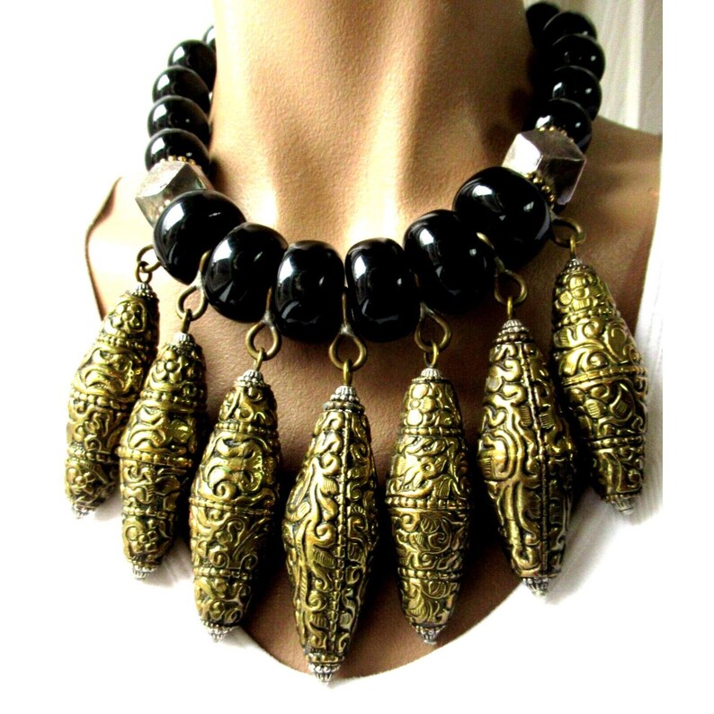 MASHA ARCHER Black Onyx Embossed Golden Spheres Necklace - Etsy