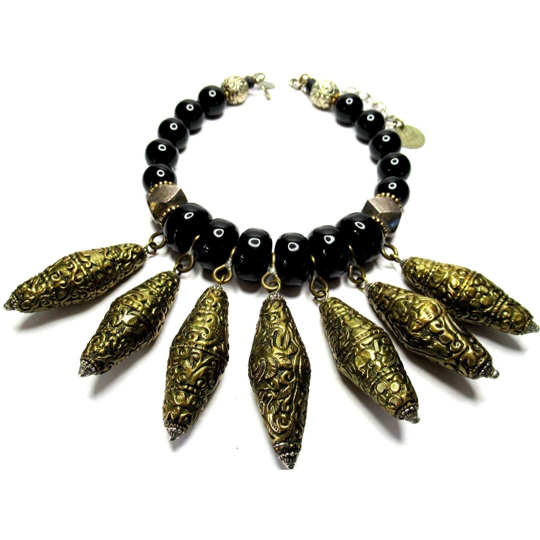 MASHA ARCHER Black Onyx Embossed Golden Spheres Necklace - Etsy