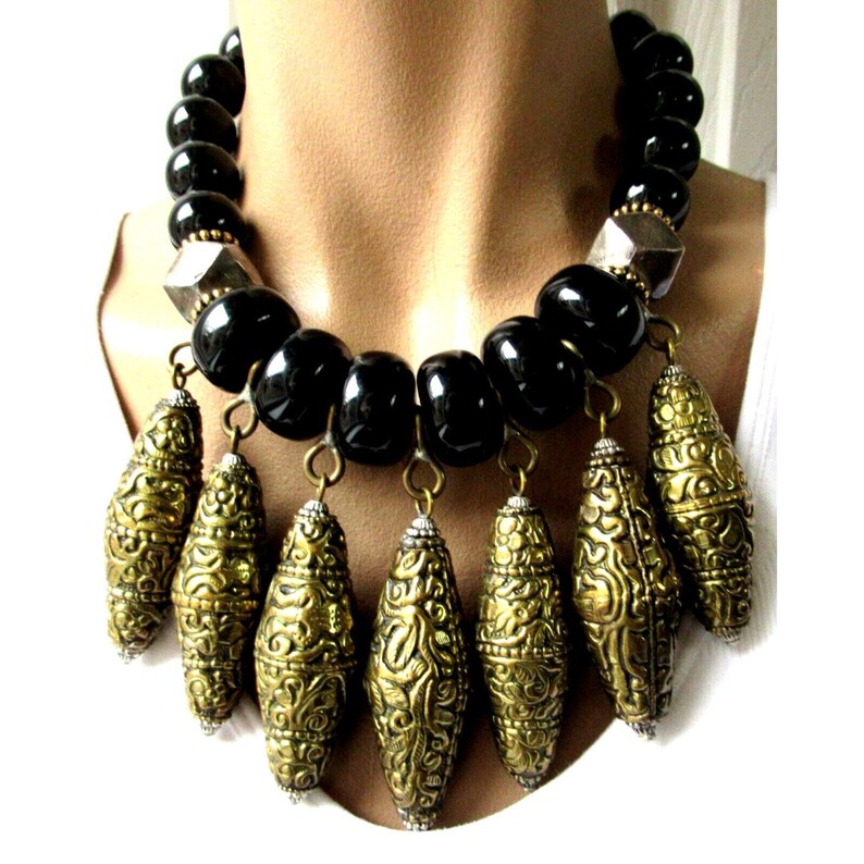 MASHA ARCHER Black Onyx Embossed Golden Spheres Necklace - Etsy