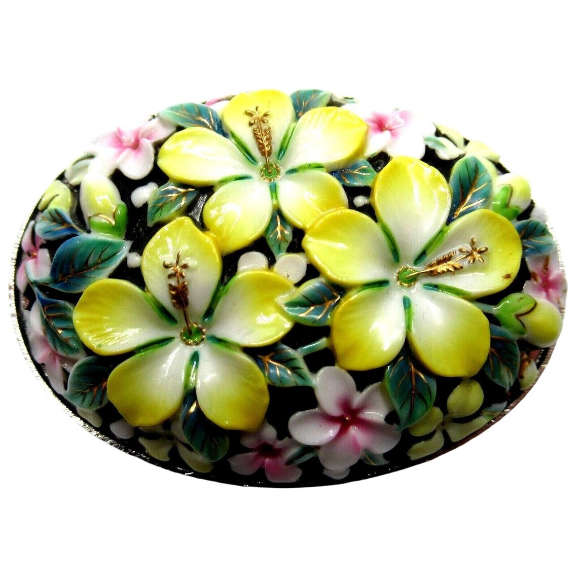 TOSHIKANE Gorgeous Colorful Flowers Carved Porcelain Vintage Pin Brooch ...