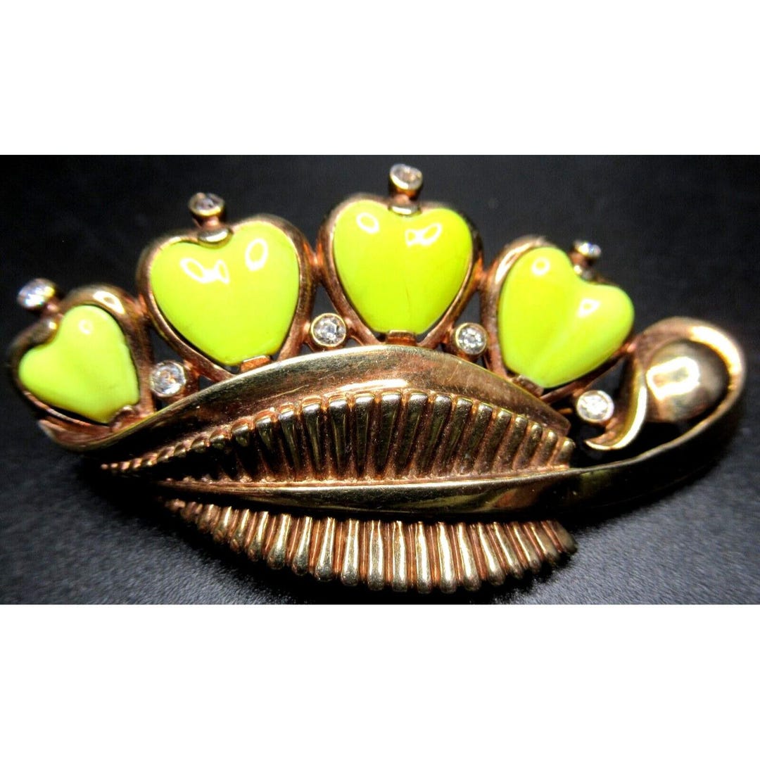 MAZER Lemon Yellow Poured Glass Heart Rhinestone Golden Leaves Vintage ...