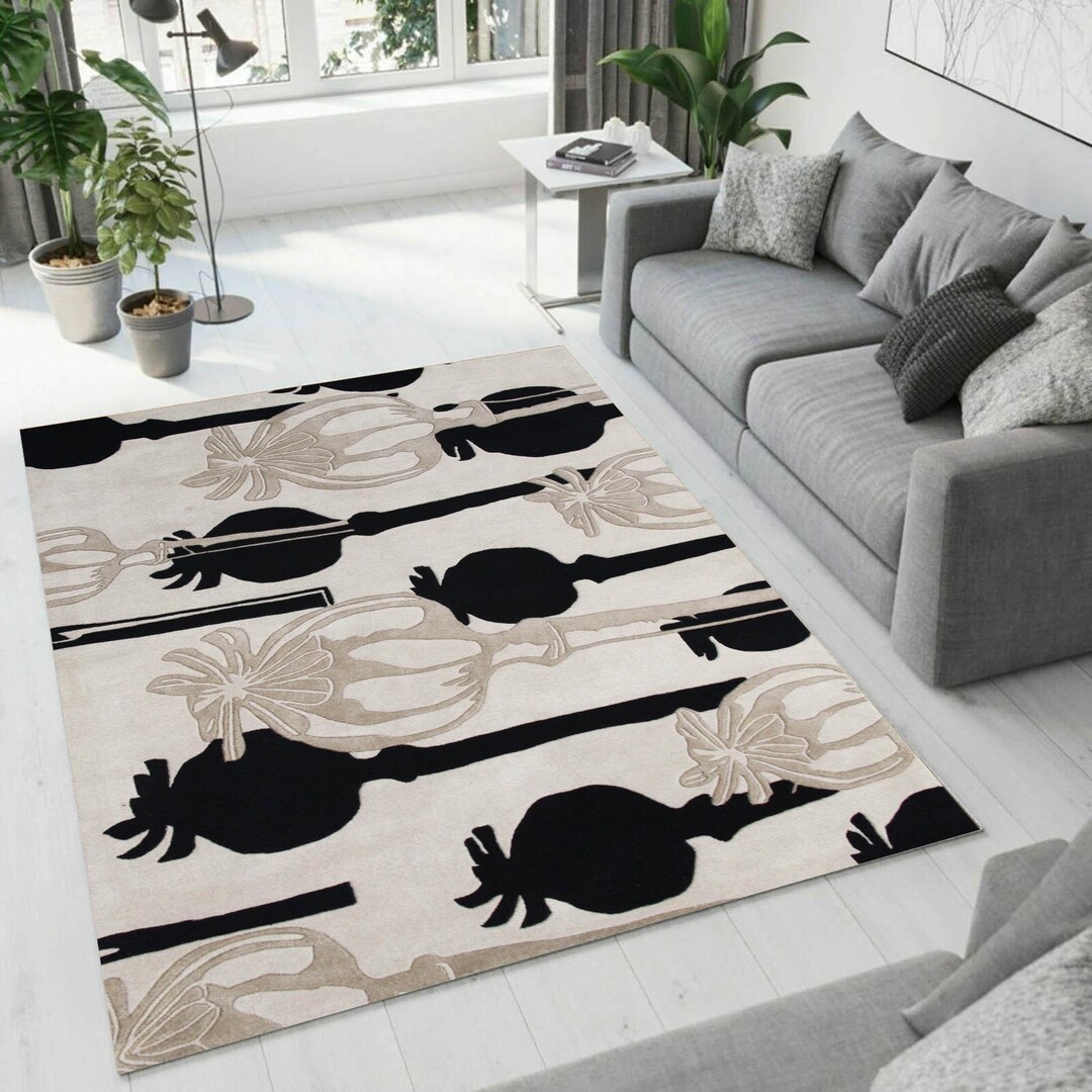 Hand-tufted Poppy Silhouette Rug: Black & Beige Botanical Design - Etsy