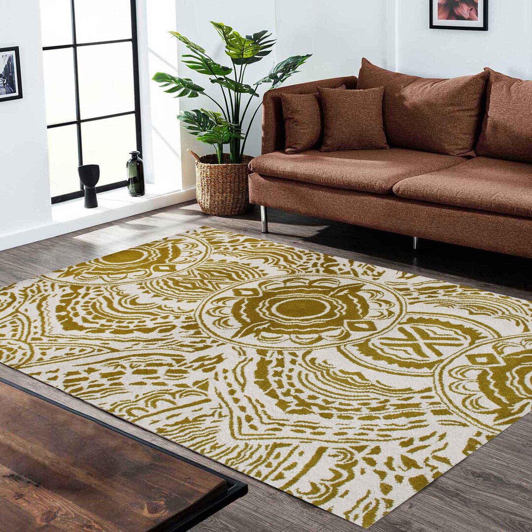 Hand Tufted Wool Mandala Rug: White & Olive Medallion Design - Etsy