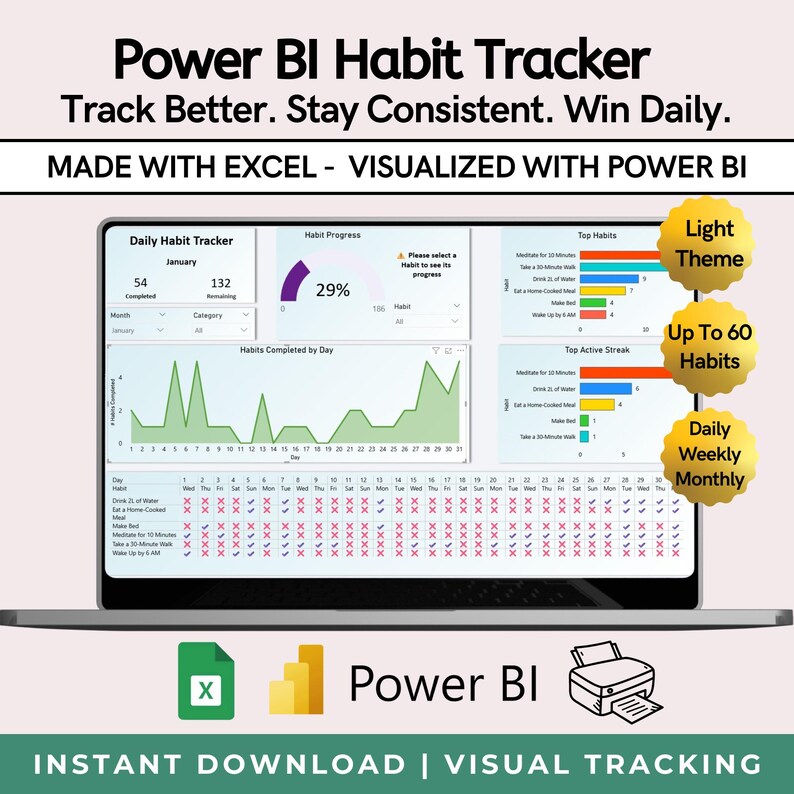 Power BI Habit Tracker – Light Theme | Modern Habit Journal & Visual ...