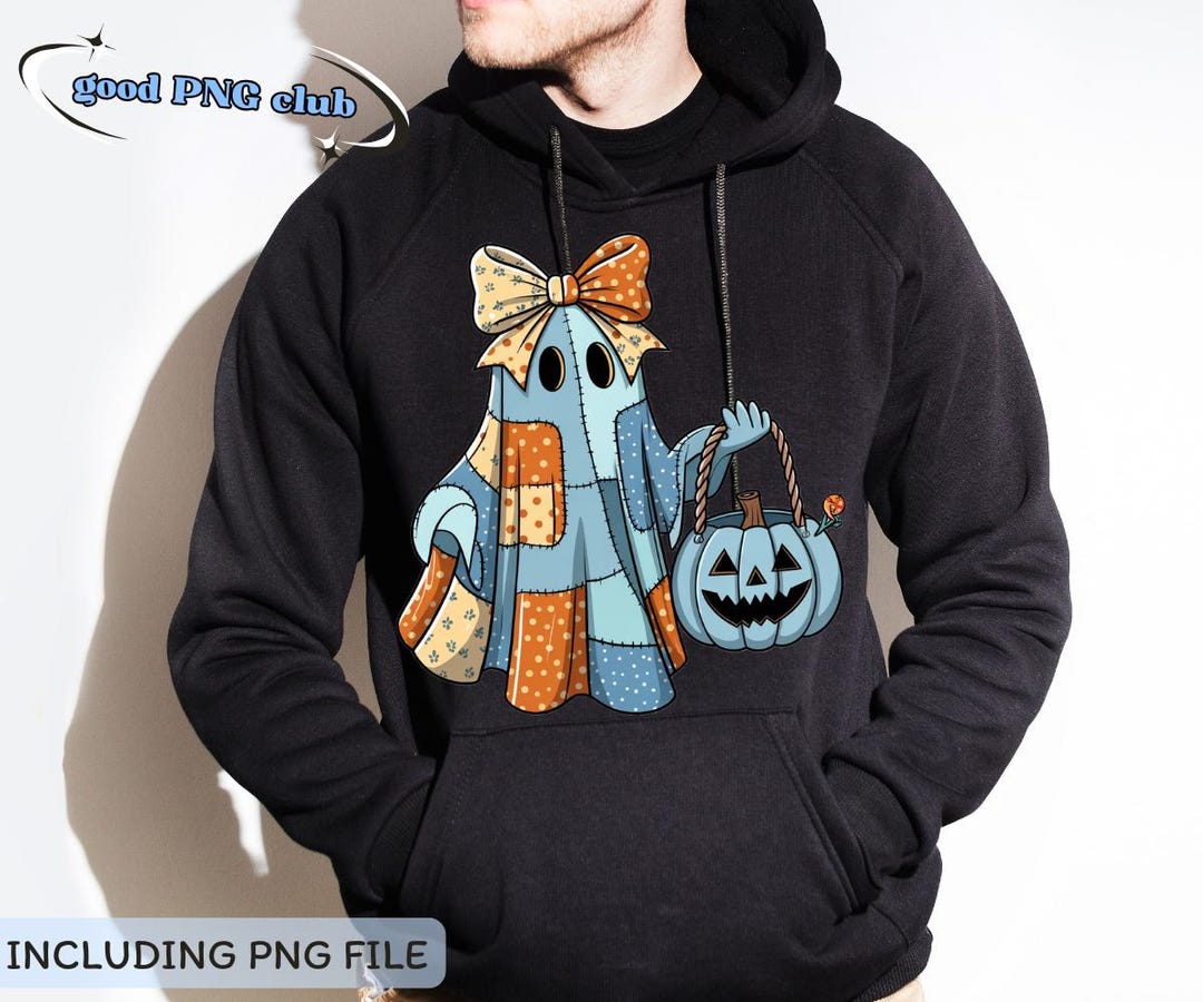 Retro Halloween Ghost PNG: Blue Denim Patchwork Design (digital ...