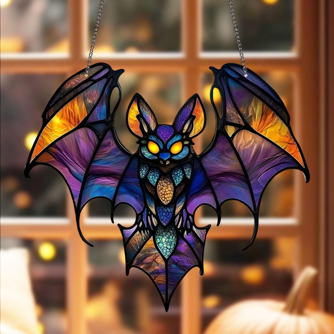 Purple Bat Suncatcher, Gothic Halloween Decor, Stained Glass Style, Bat ...