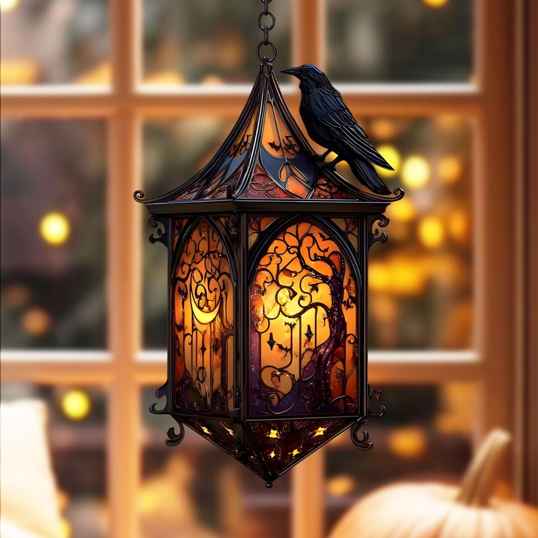 Gothic Raven on Lantern Acrylic Suncatcher, Halloween Crow on Lamp ...
