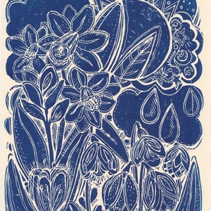 Spring Flowers Linocut Print /A4 Blue Original Lino Art - Etsy