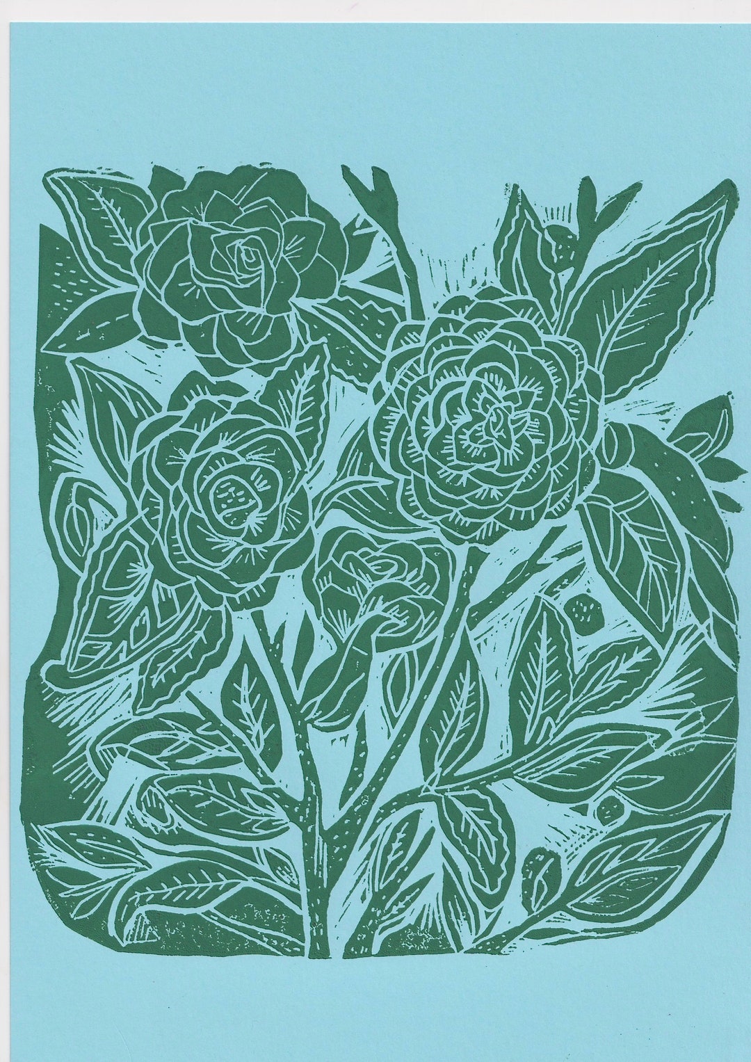 Block Print Flowers / Green & Blue Original Art - Etsy