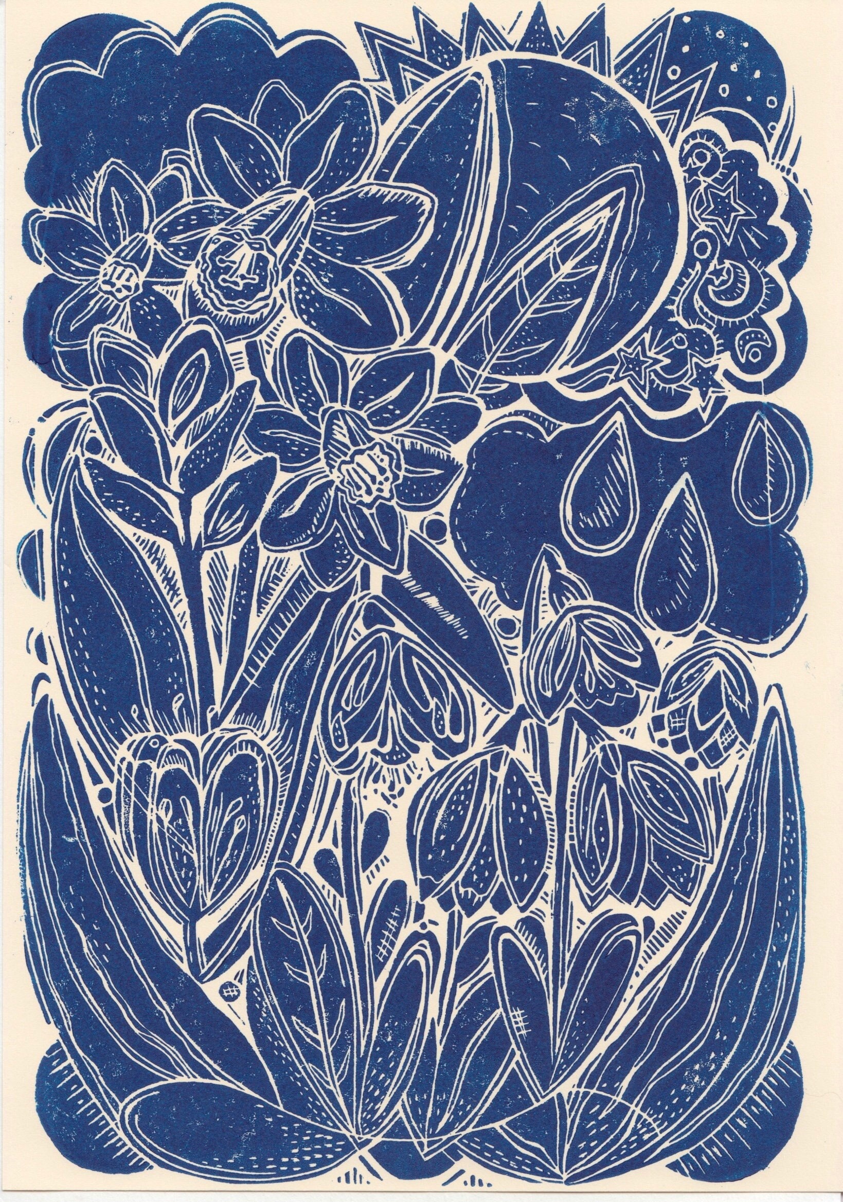 Spring Flowers Linocut Print /A4 Blue Original Lino Art - Etsy