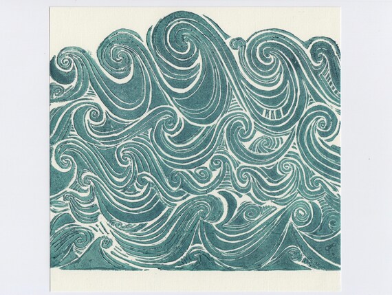 Sea Print // Ocean Waves Blue Lino Print Linocut Art // | Etsy