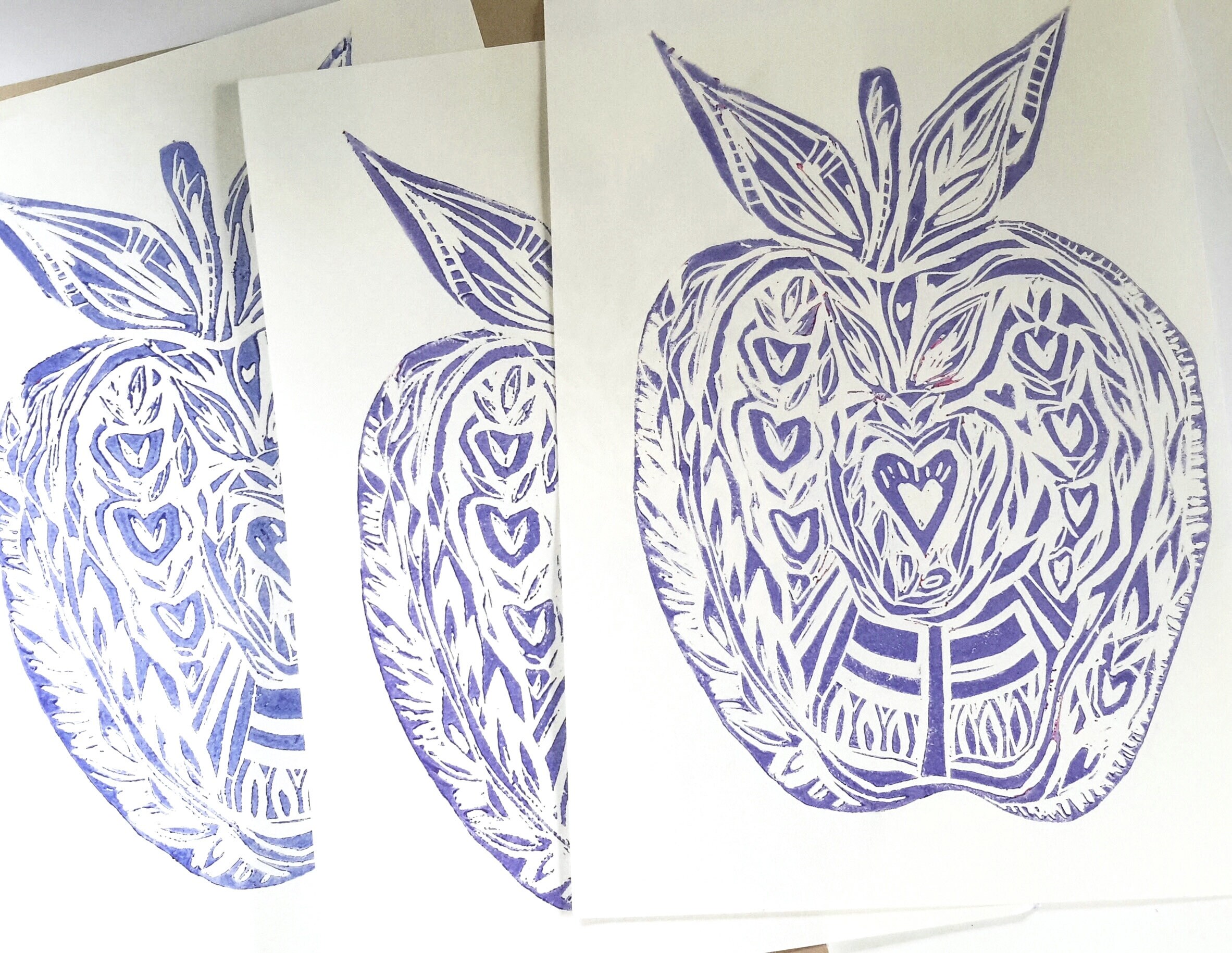Apple Linocut Print / Blue Original Printmaking Art