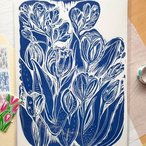 Linocut Print Tulips / A4 Blue Original Art Block Print / Lino - Etsy