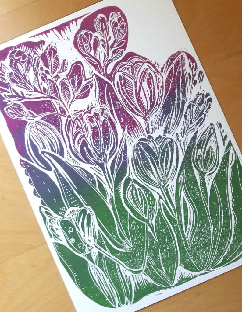 Linocut Print Tulips / A4 Original Printmaking Art - Etsy