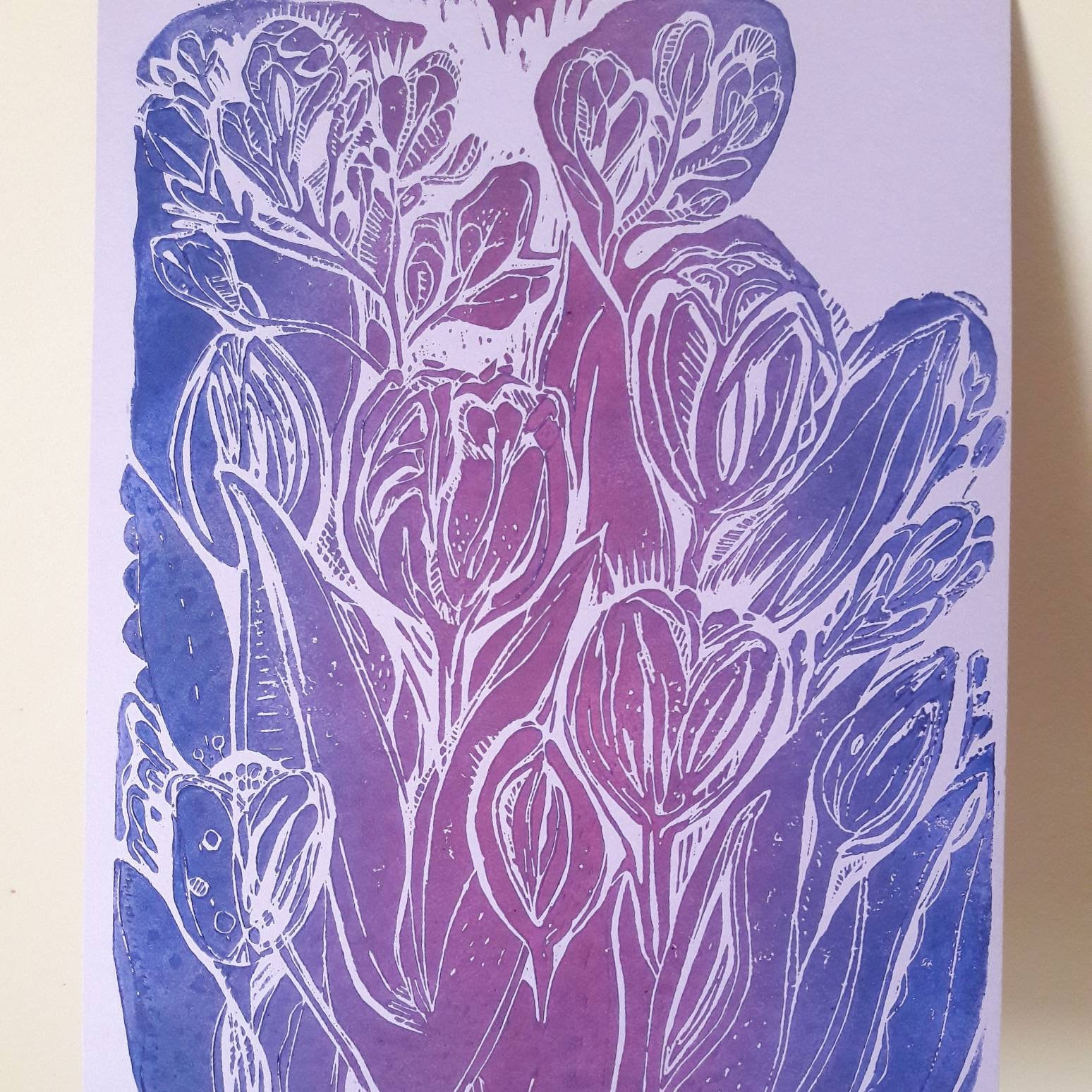 Linocut Print Tulips // A4 Pink & Purple Original Art Block | Etsy