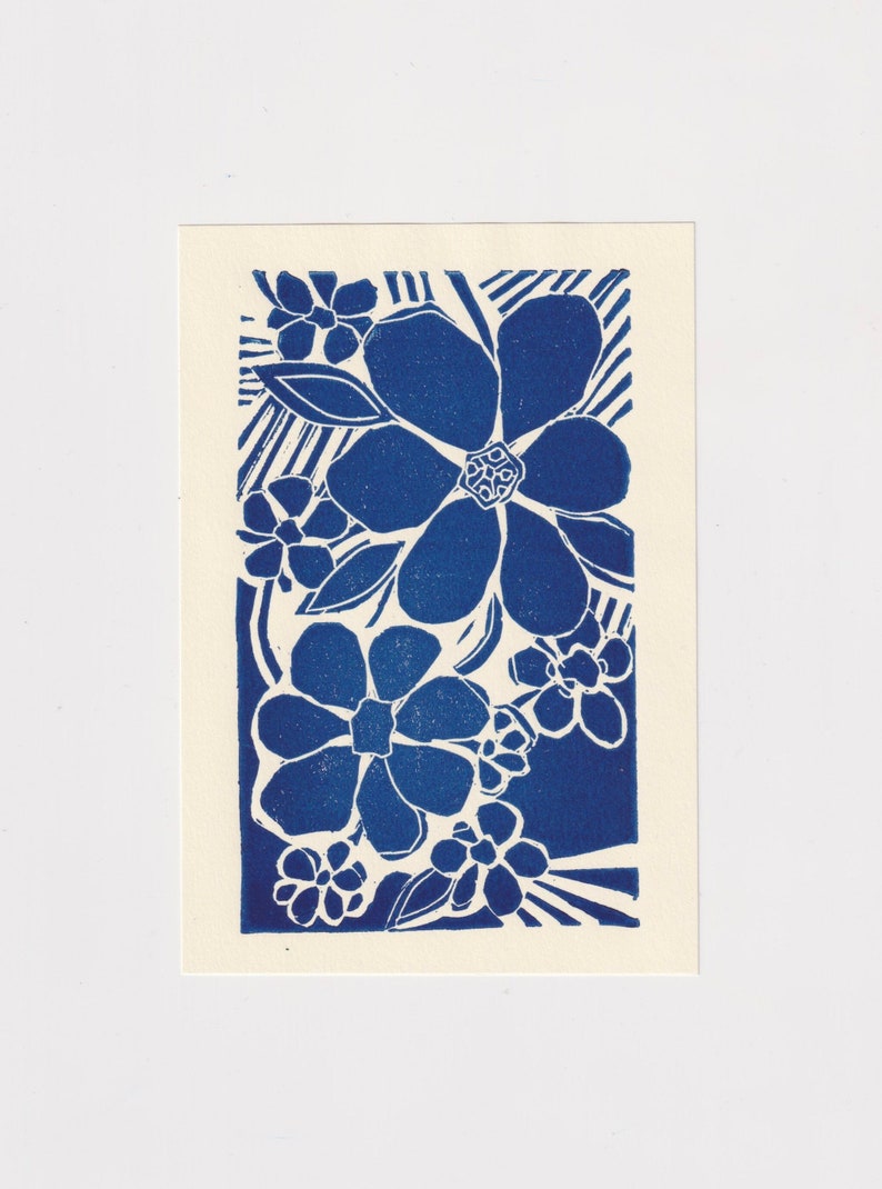 Linocut Print Flowers / A6 Blue Original Lino Art - Etsy