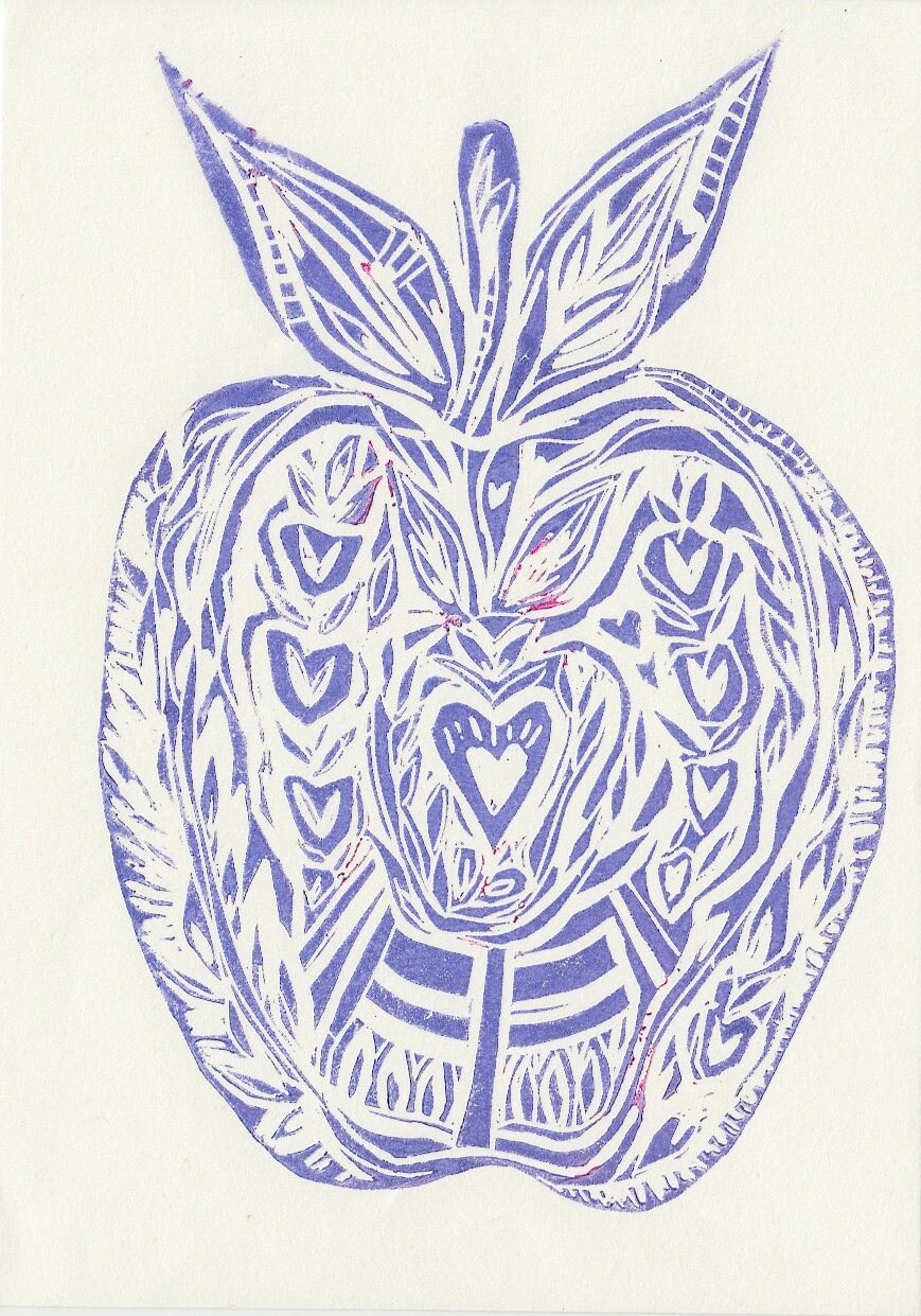 Apple Linocut Print / Blue Original Printmaking Art