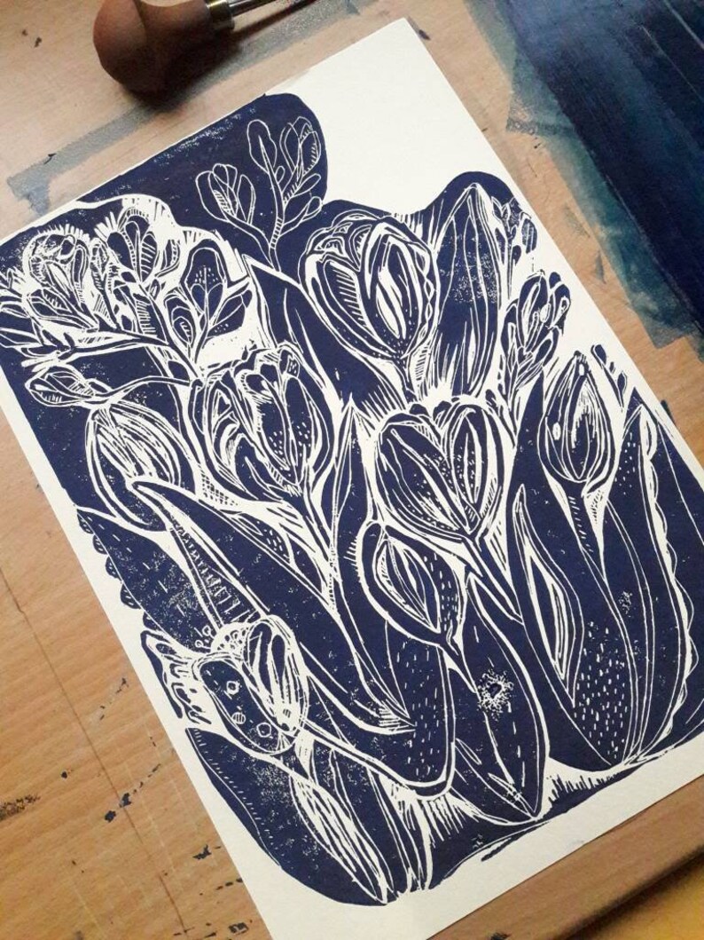 Linocut Print Tulips // A4 Blue Original Art Block Print // - Etsy