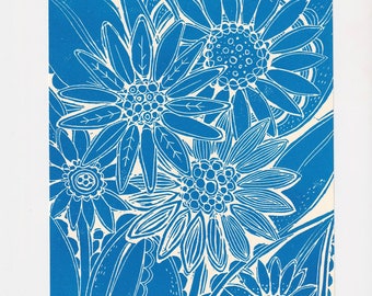 Linocut Print Flowers / A6 Blue Original Lino Art - Etsy