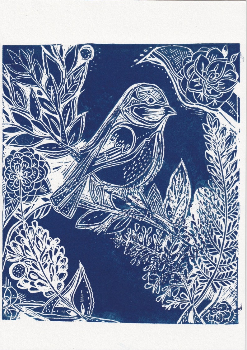 Linocut Print Bird // A4 Blue Original Art Block Print // Lino - Etsy