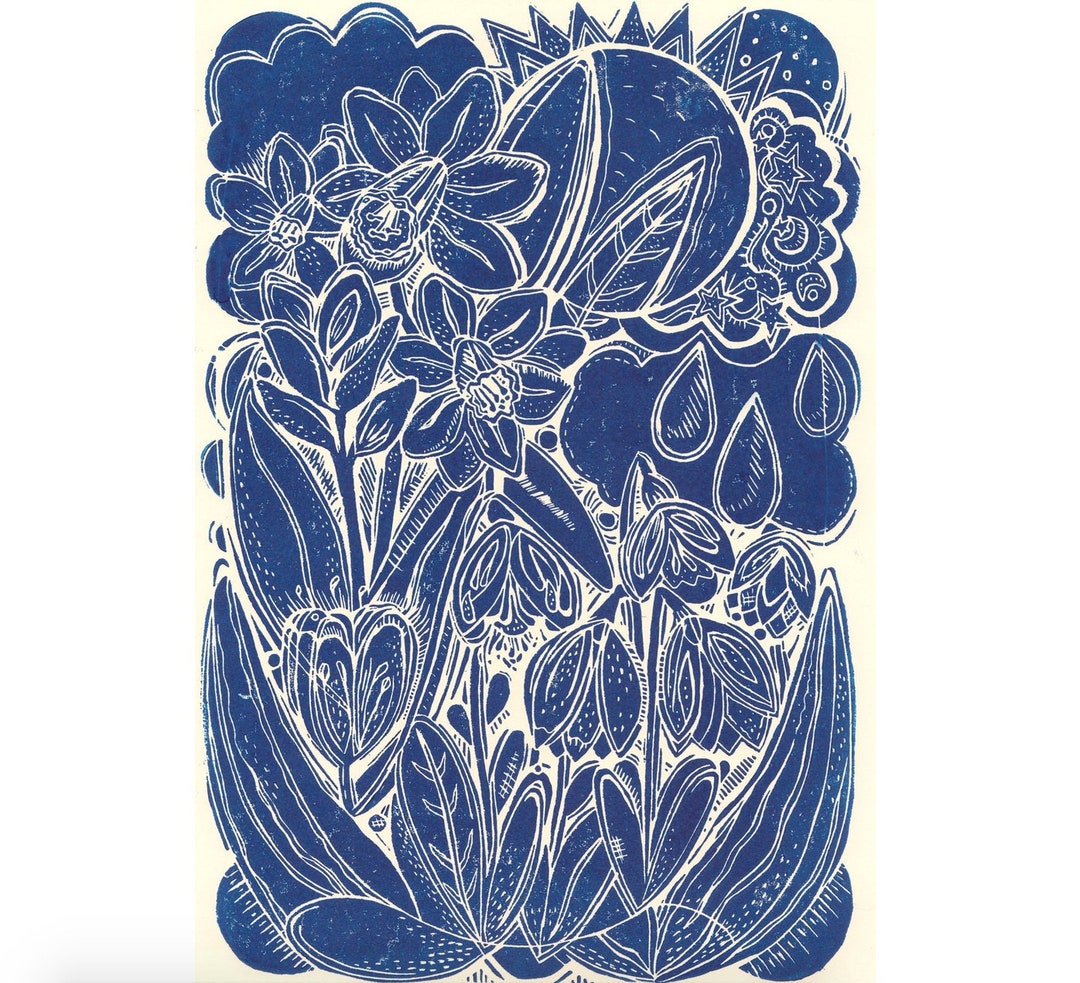 Spring Flowers Linocut Print /A4 Blue Original Lino Art - Etsy
