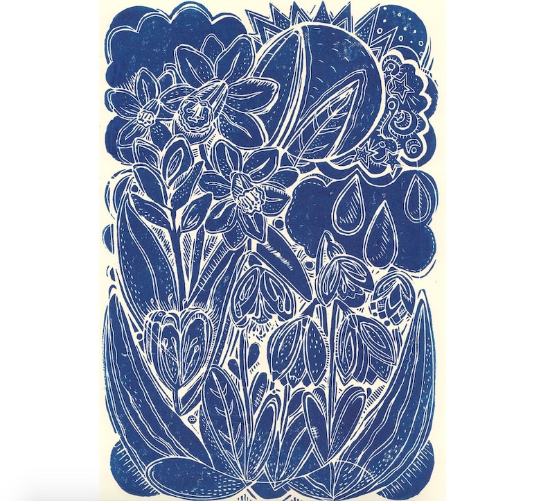 Spring Flowers Linocut Print /A4 Blue Original Lino Art - Etsy