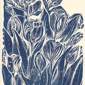 Linocut Print Tulips // A4 Blue Original Art Block Print // - Etsy