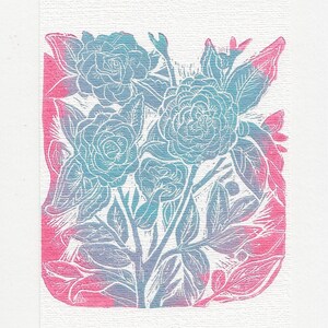 Linocut Rose Art Print / Pink Flowers A5 Lino Print - Etsy UK