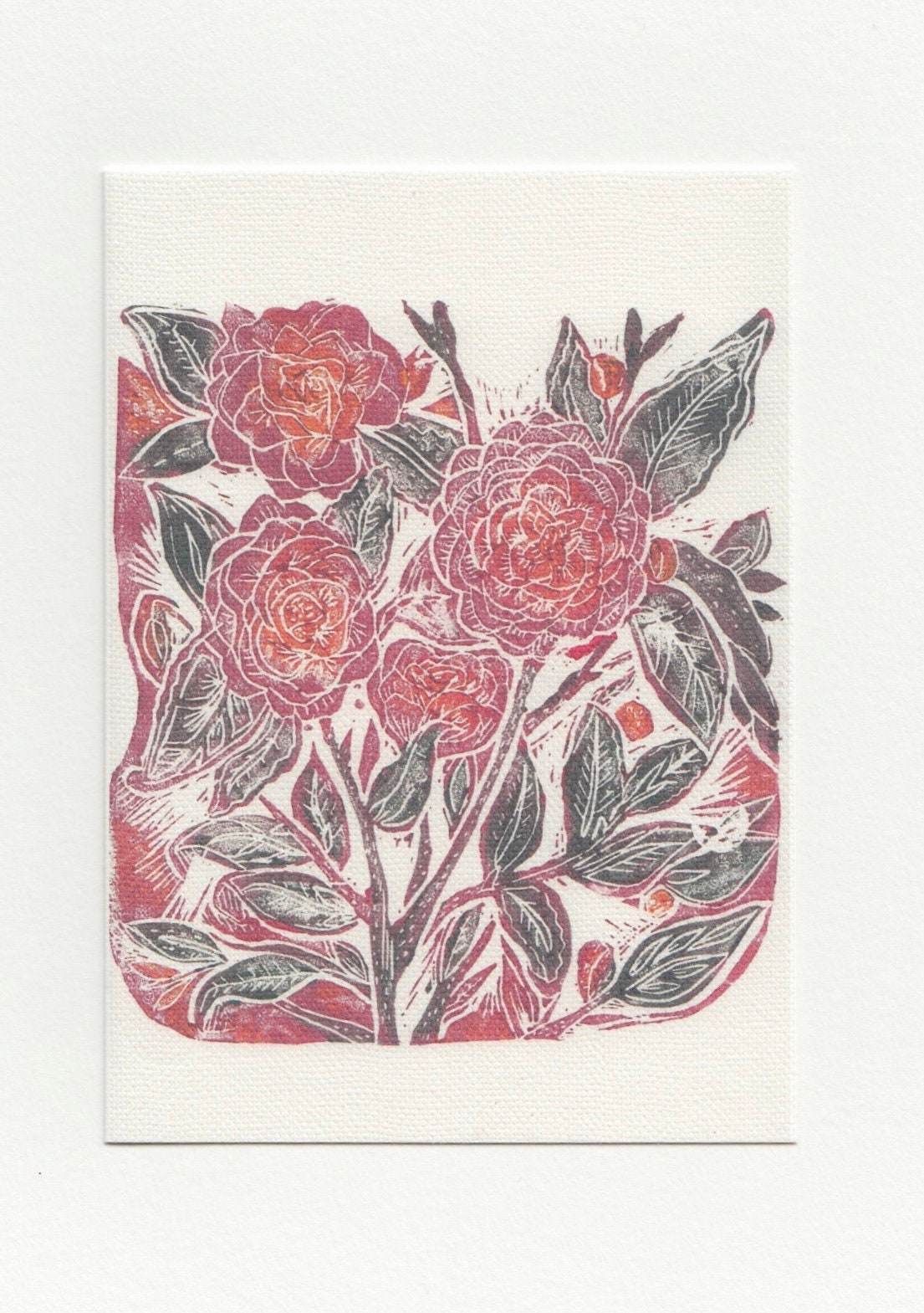 Rose Print Card / Flower Lino / Red Linocut - Etsy