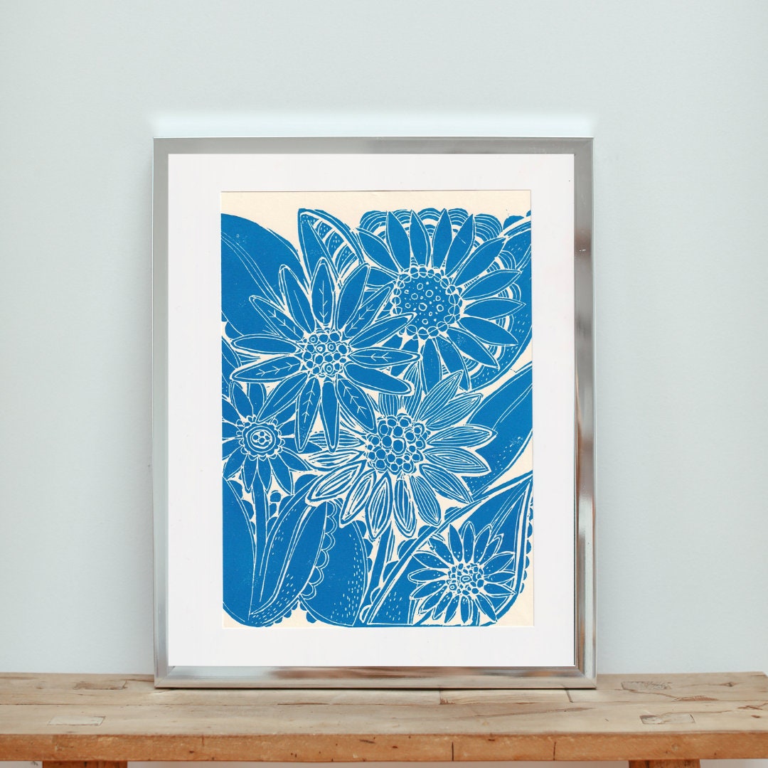 Blue Daisy Linocut Print A5 Original Floral Art - Etsy