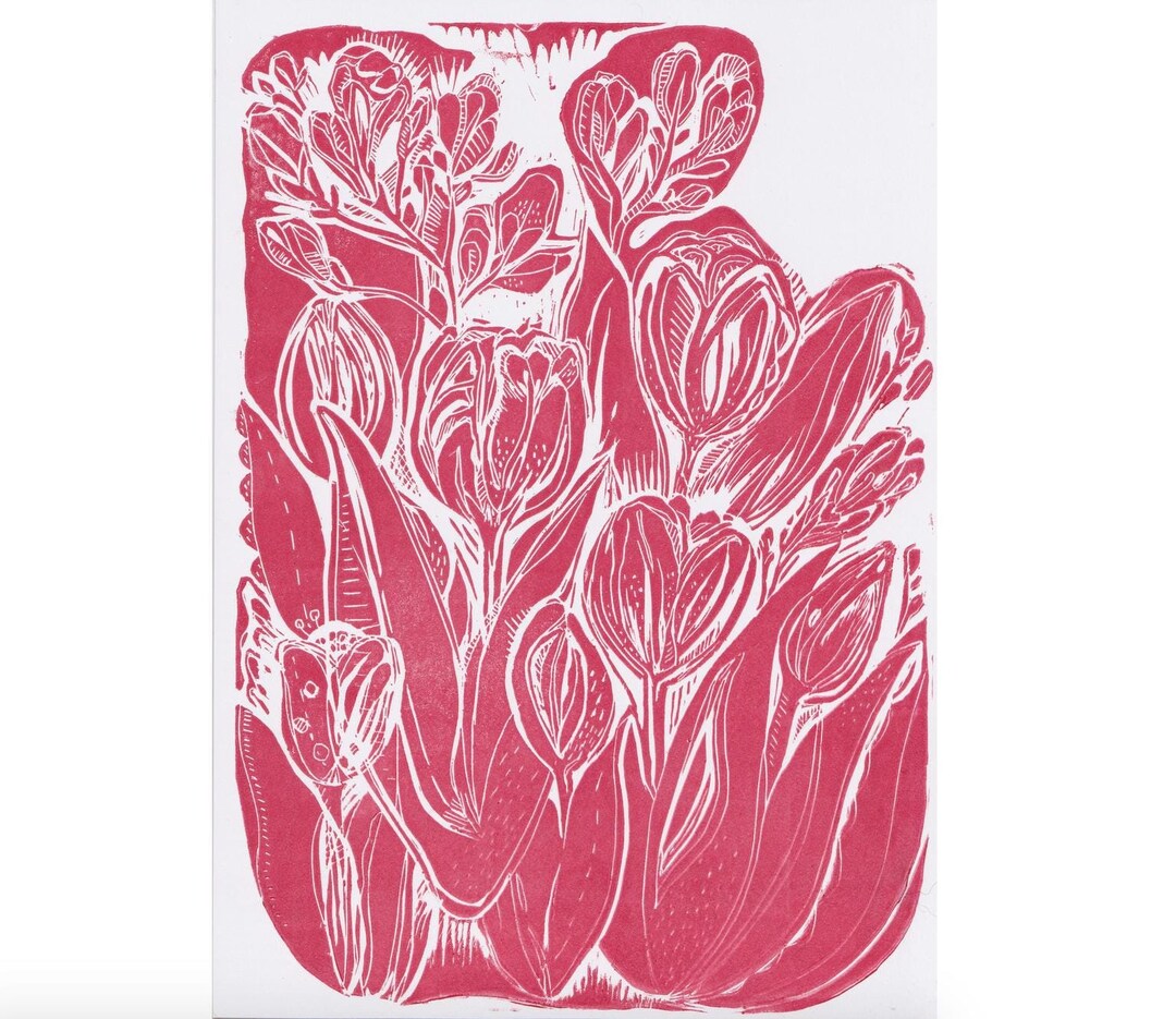 Red Tulips Linocut Print / A4 Original Art Block Print / Lino ...