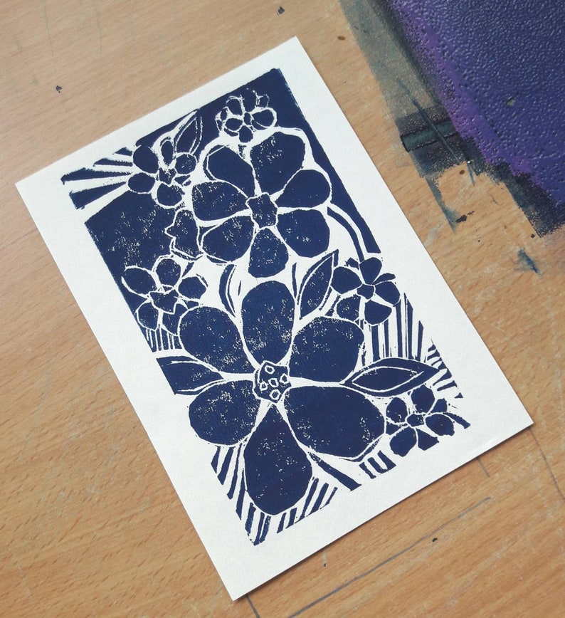 Linocut Print Flowers / A6 Blue Original Lino Art - Etsy