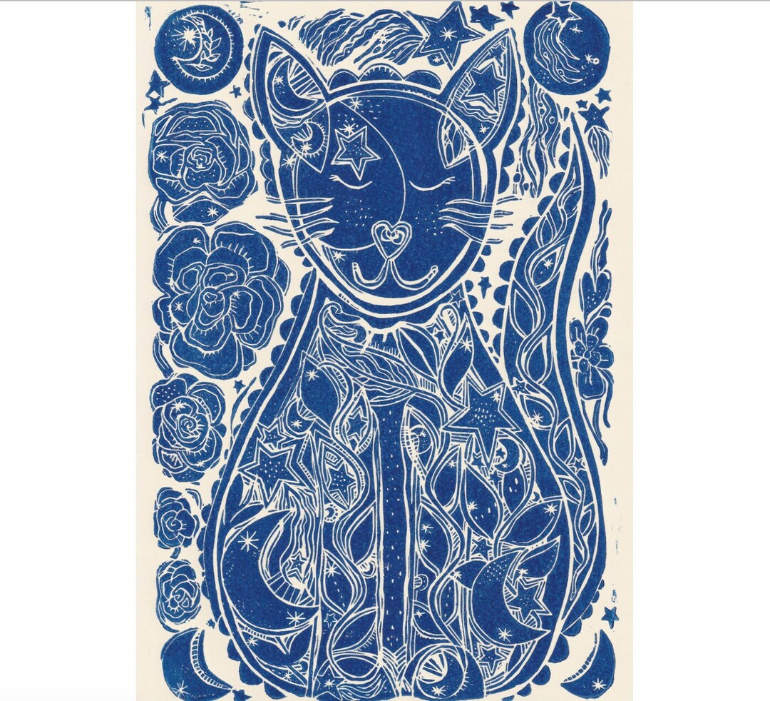 Blue Linocut Cat Print / A4 Original Relief Art - Etsy
