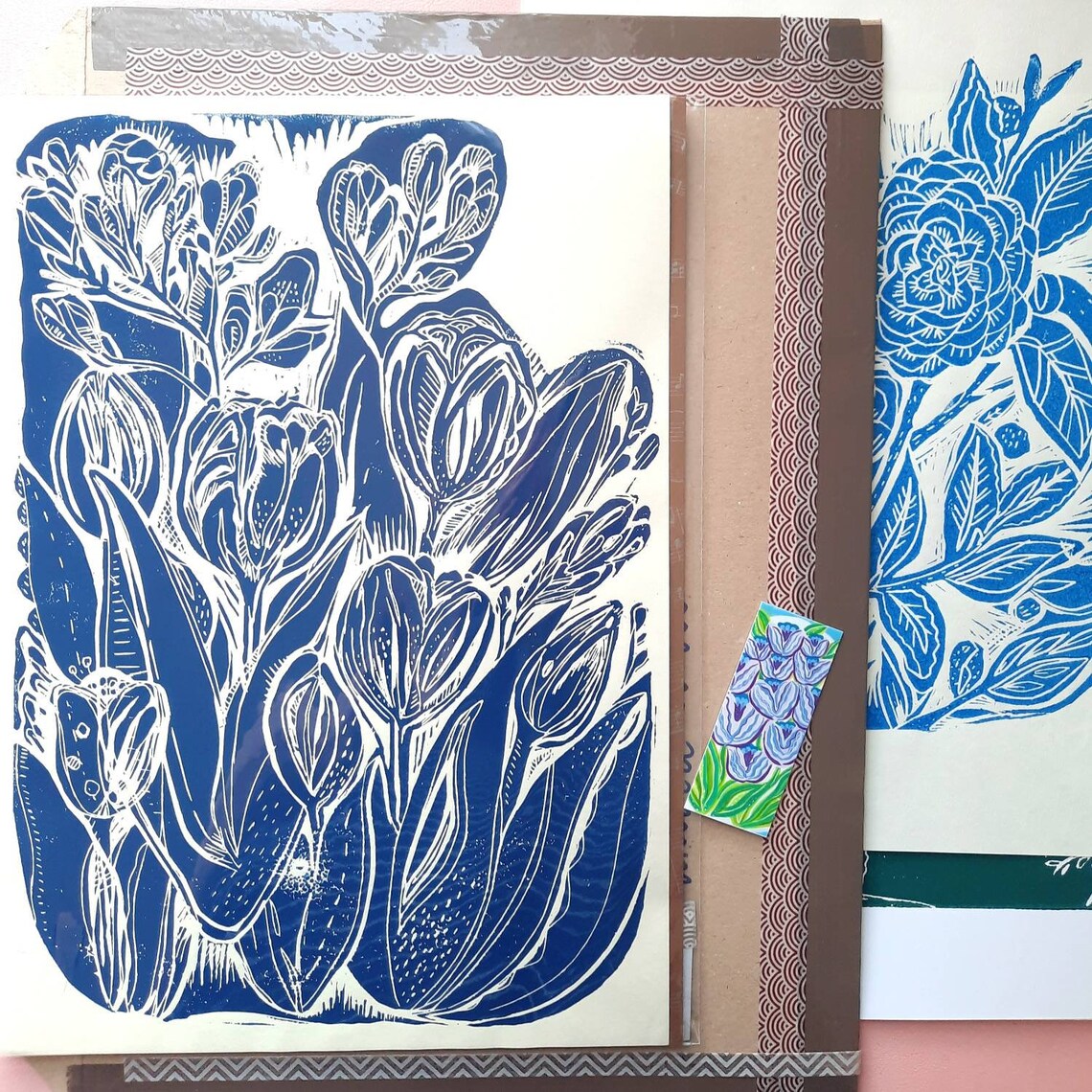 Linocut Print Tulips // A4 Blue Original Art Block Print // - Etsy