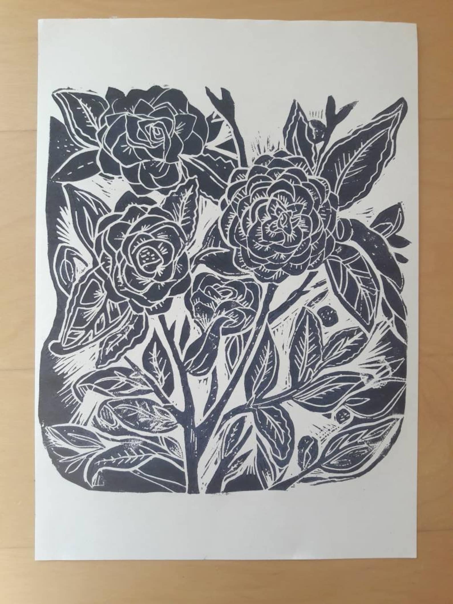 Blue Lino Print Flowers / A4 Original Linocut Art - Etsy
