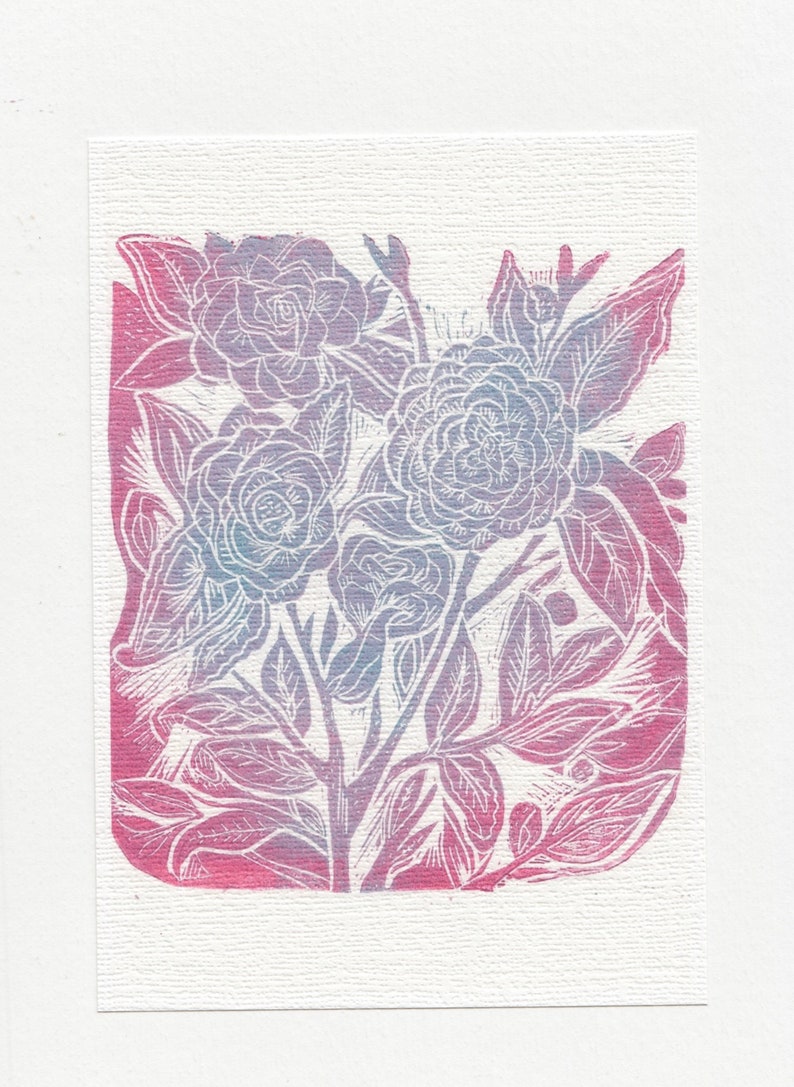 Linocut Rose Art Print / Pink Flowers A5 Lino Print - Etsy UK