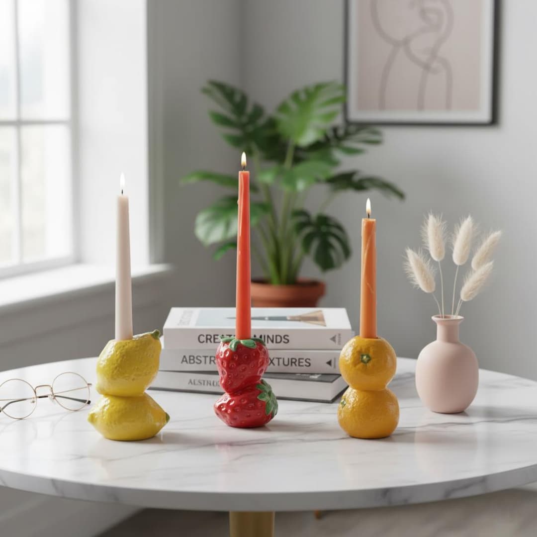 Ceramic Fruit Candlestick Holder, Lemon Strawberry Orange Table Decor ...