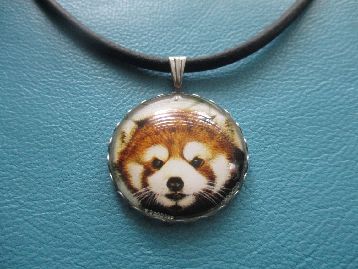 Red panda necklace black leather cord adjustable gift idea | Etsy