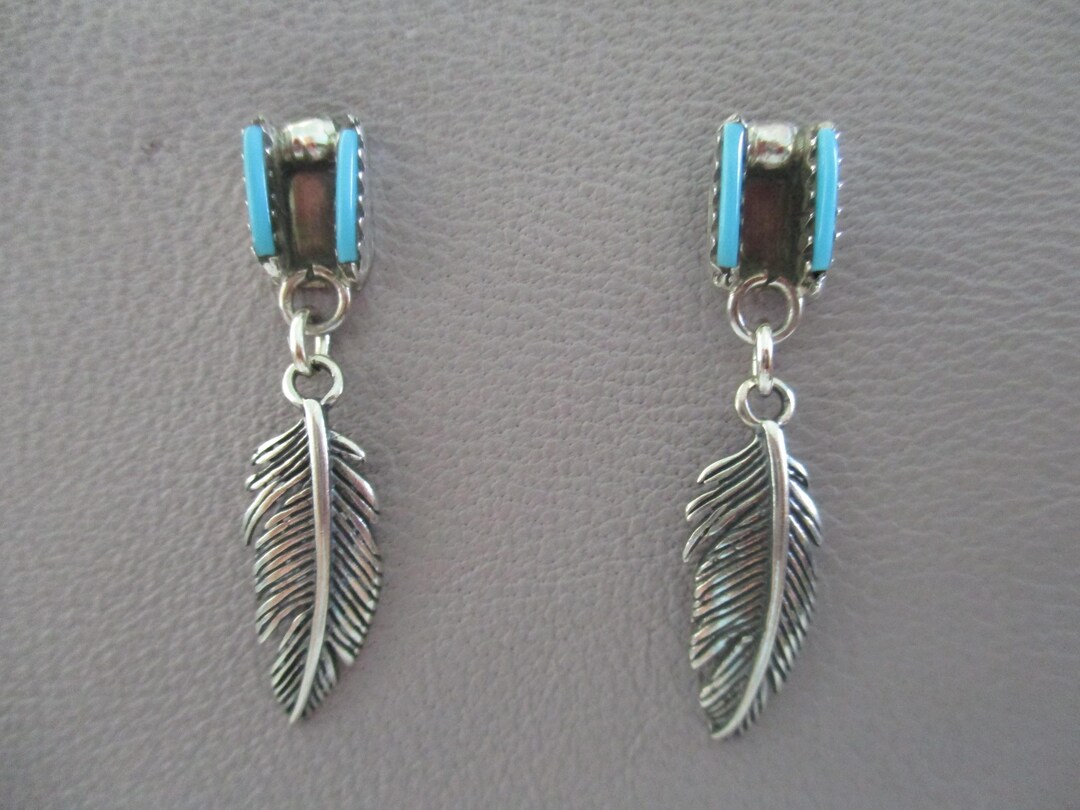 Sterling Silver Feather Earrings With Zuni Kingman Turquoise Posts - Etsy