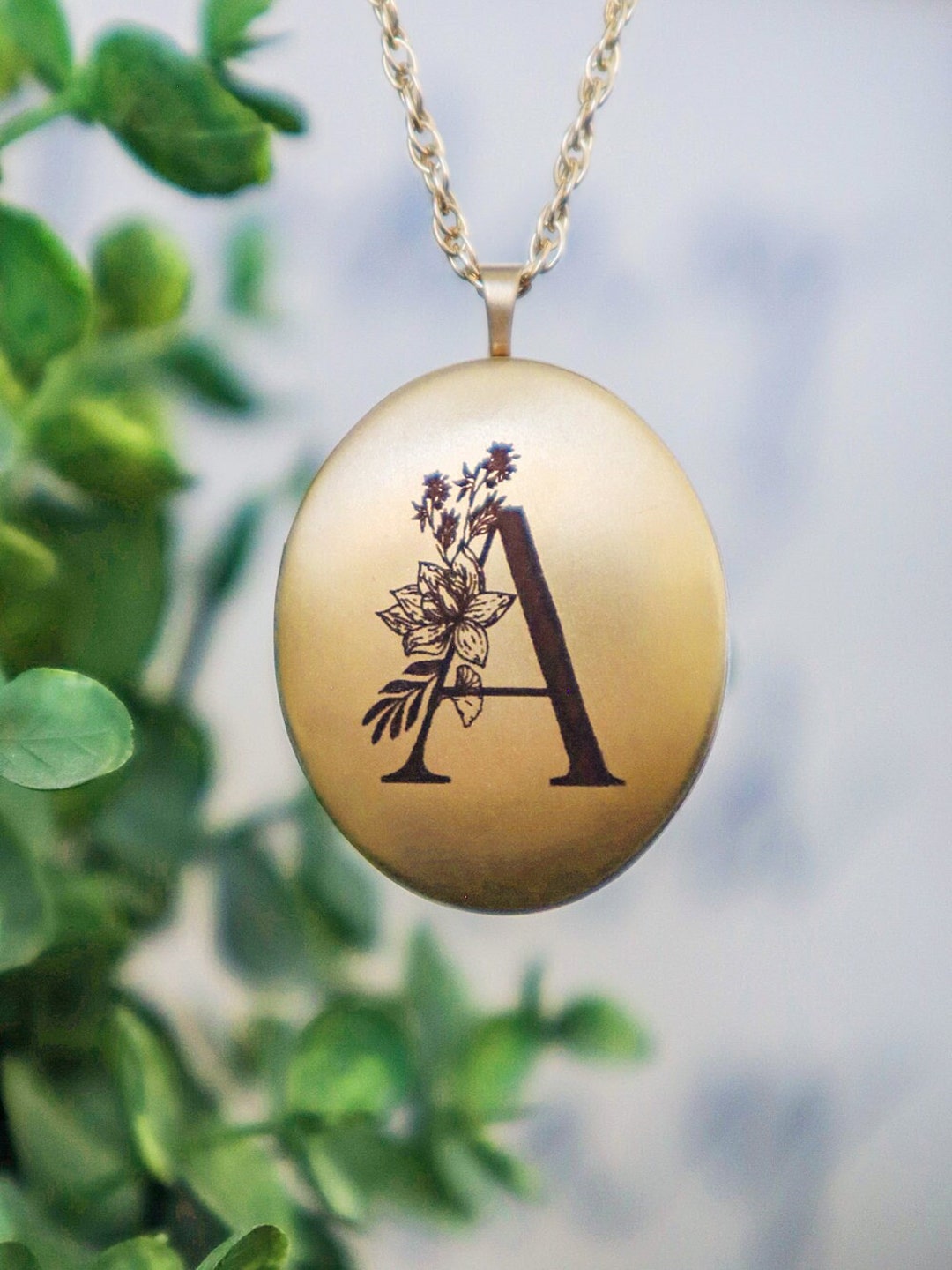 Gold Engraved Flower Initial Photo Locket - Personalized Floral Letter ...