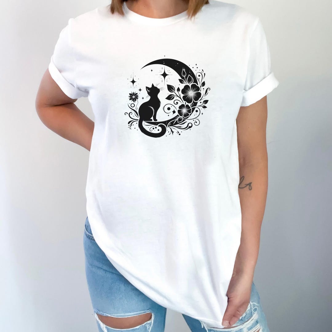 Mystical Black Cat Moon Shirt – Gildan Unisex Witchy Floral Tee, Gothic ...