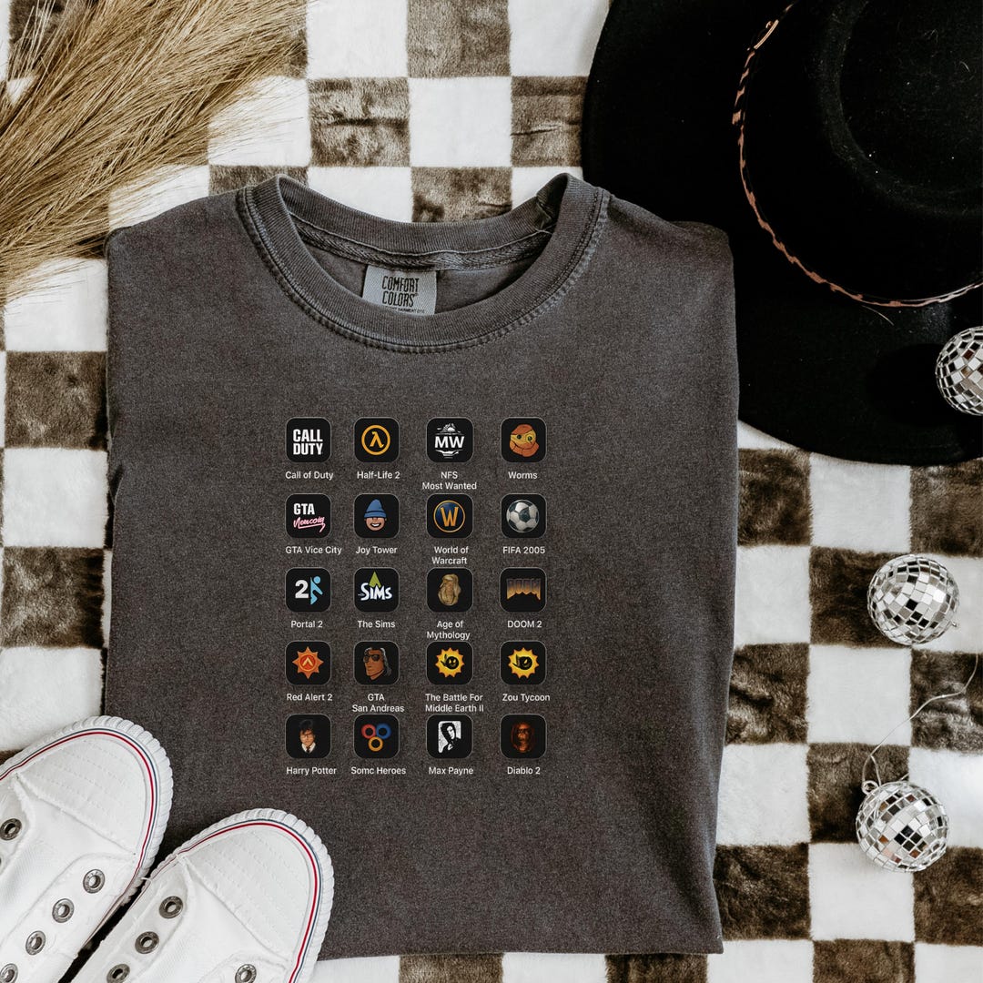 Retro Video Game Icons Shirt – Comfort Colors 1717 Tee Gamer Graphic T ...