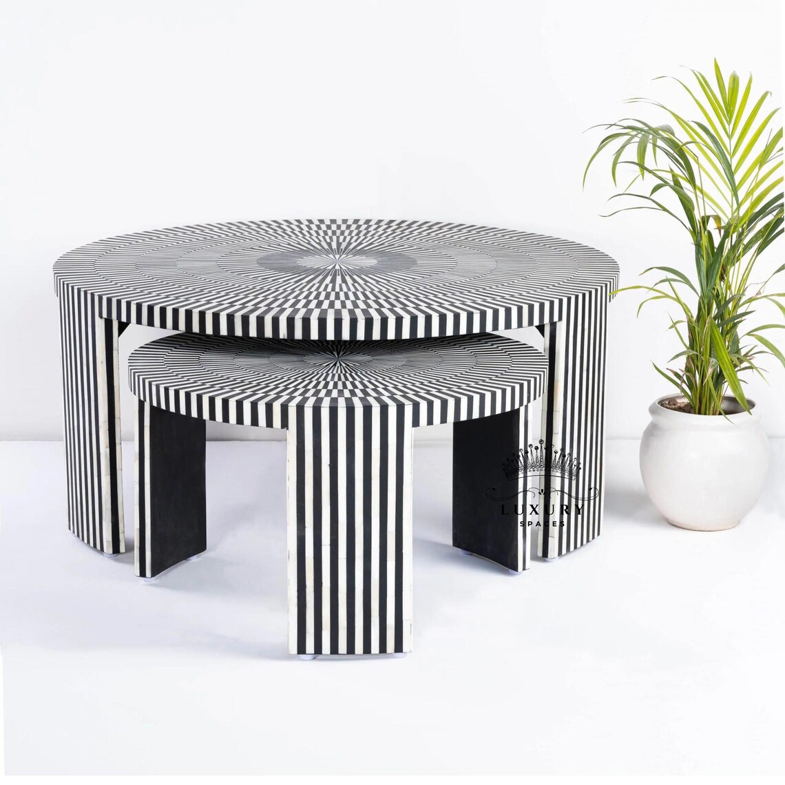 Waterfall Design Round Coffee Table Set / Set of 2 Black Bone Inlay ...