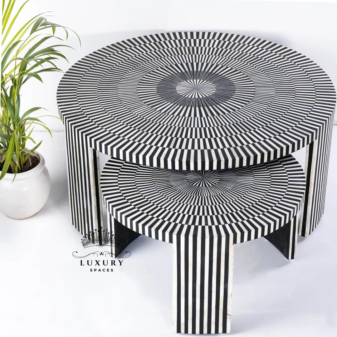 Waterfall Design Round Coffee Table Set / Set of 2 Black Bone Inlay ...