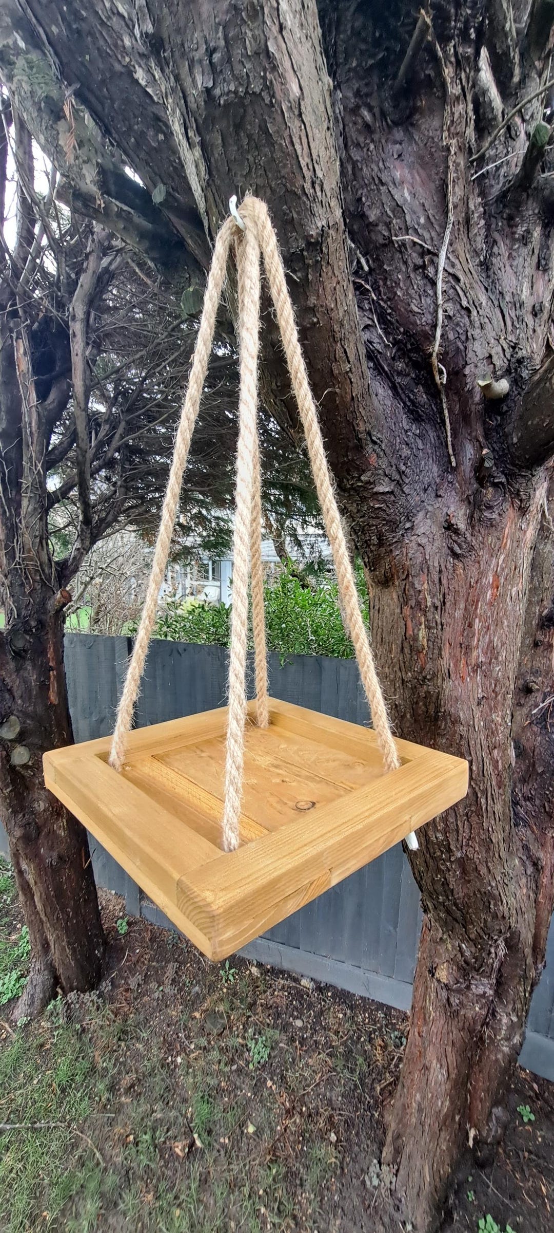Handmade Reclaimed Wood Hanging Bird Table 27x27cm Approx With Jute ...