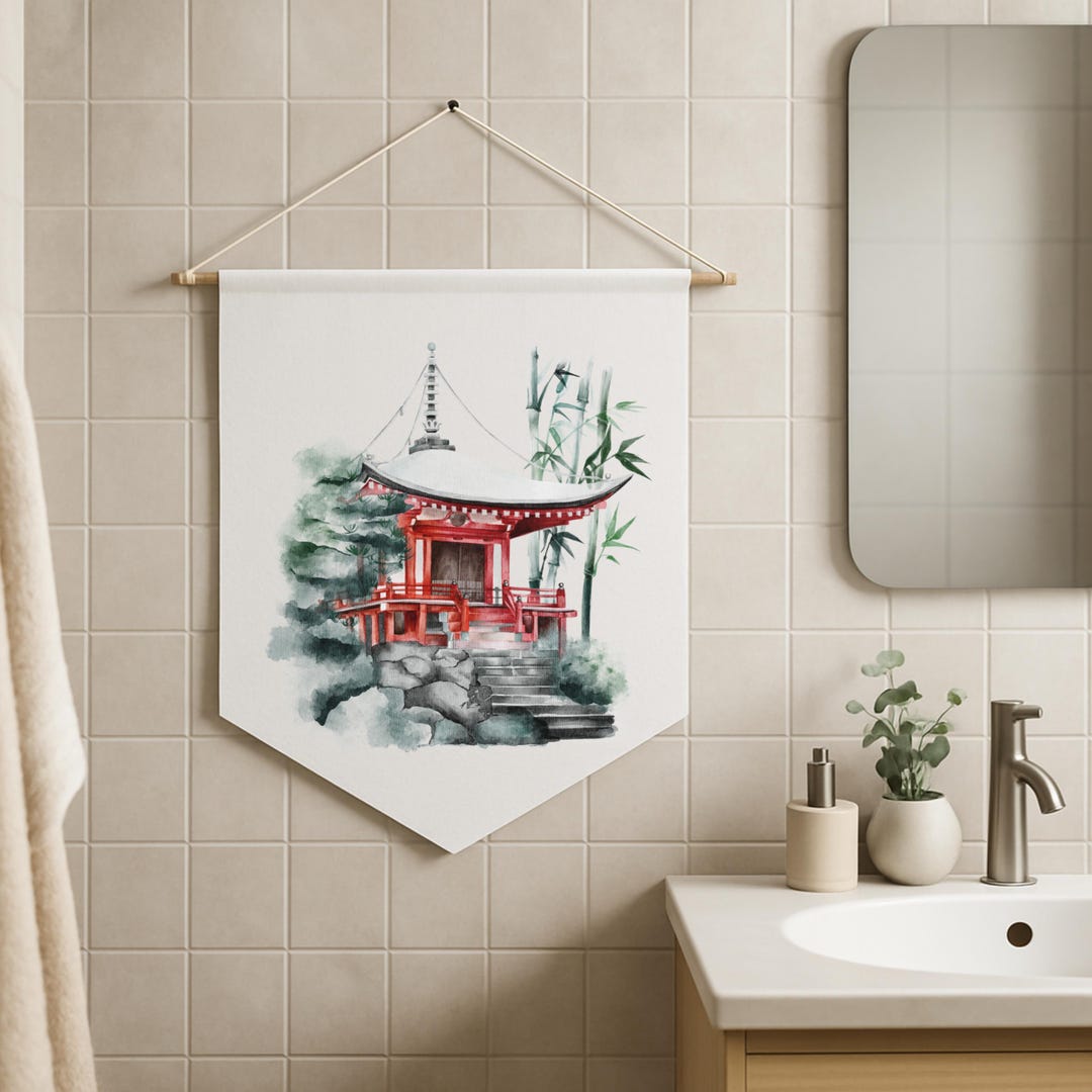 Japanese Temple Pennant, Pagoda Landscape Art, Asian Architecture Decor ...